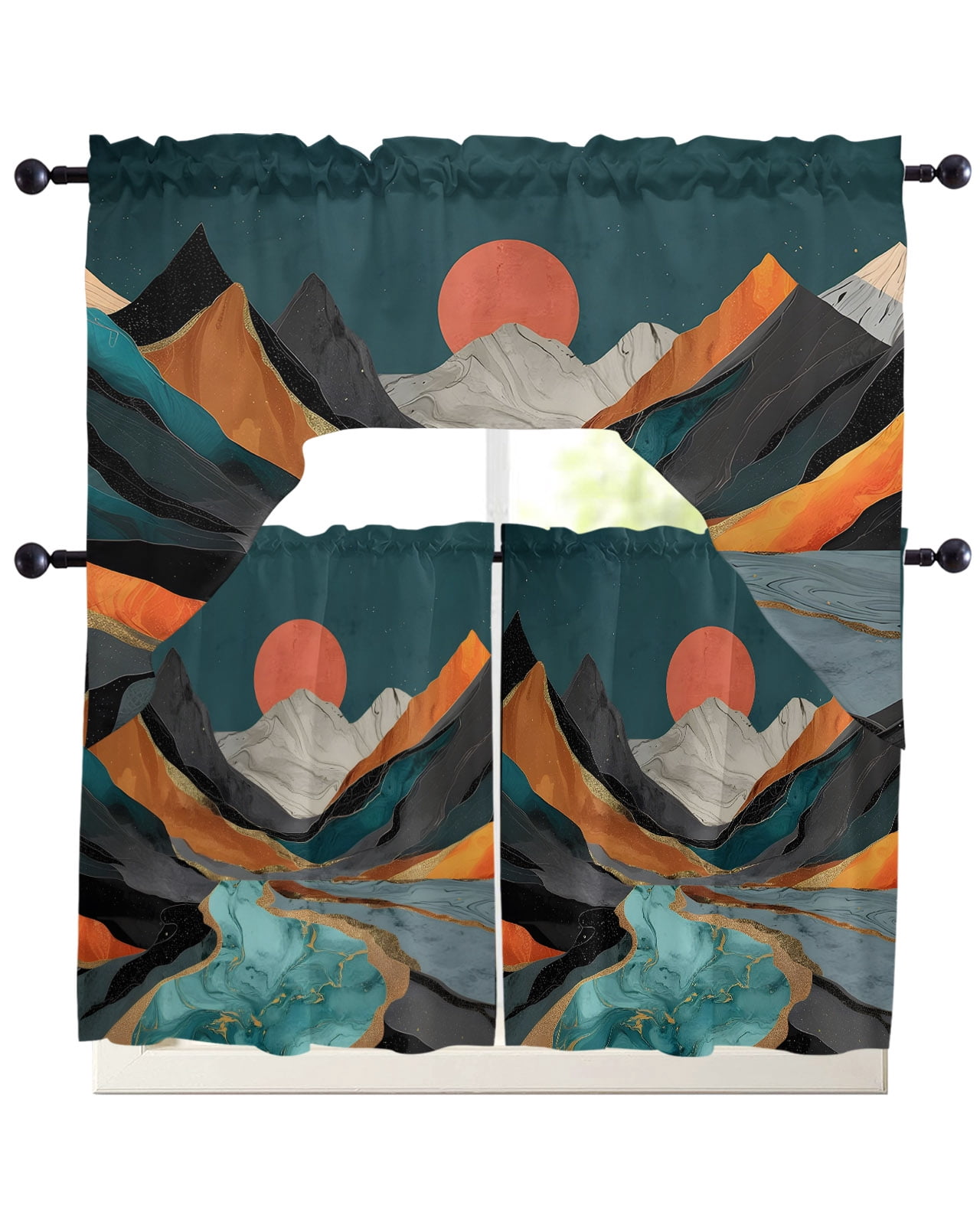 Abstract Mountain Peaks Kitchen Curtains Set for Windows 3 Piece Cafe ...