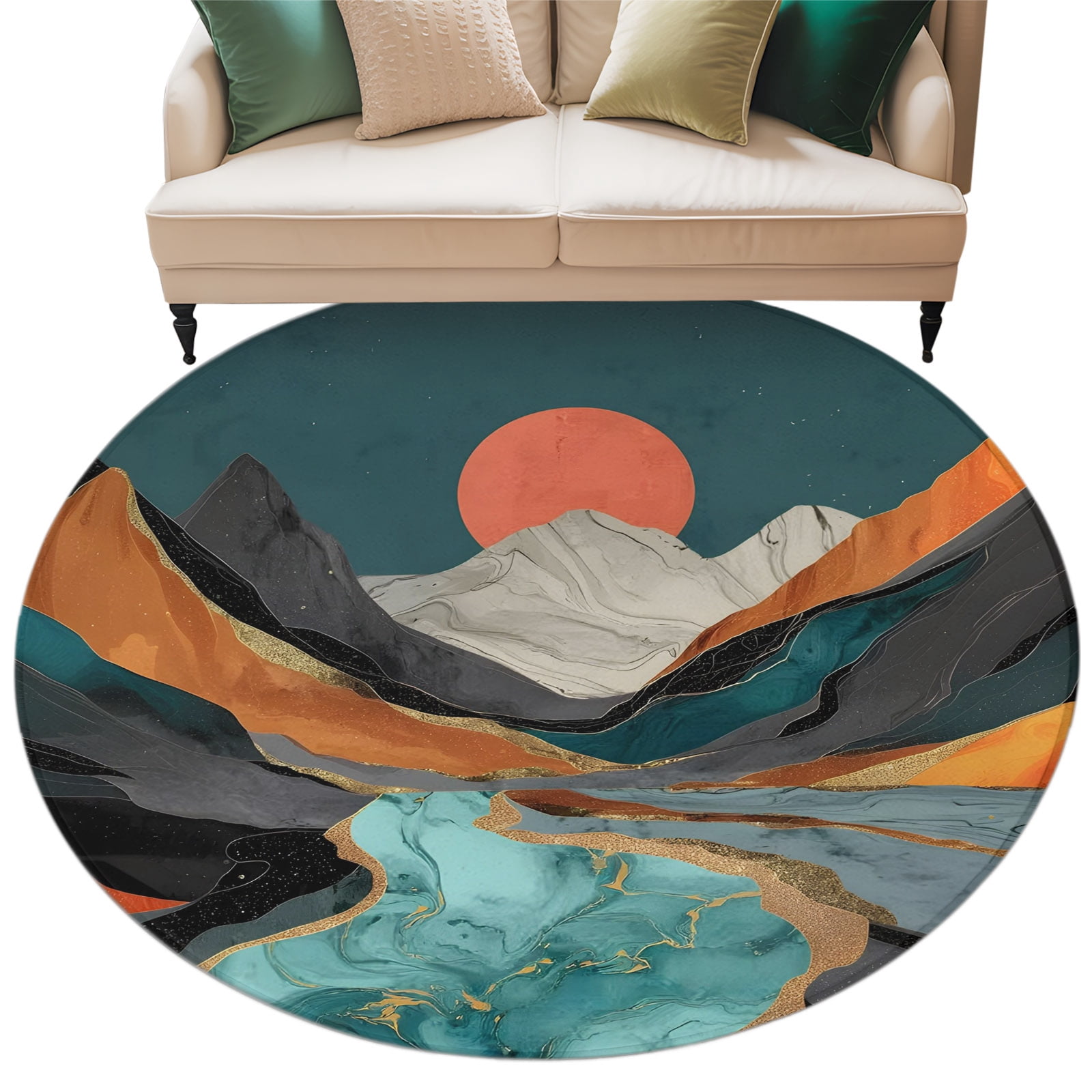 Abstract Mountain Peaks Round Rug 6ft Washable Circle Kitchen Rugs Non ...