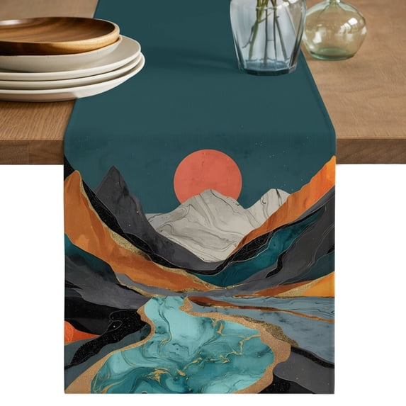 Abstract Mountain Peaks Table Runner 72 Inches Long,Boho Red Sun ...