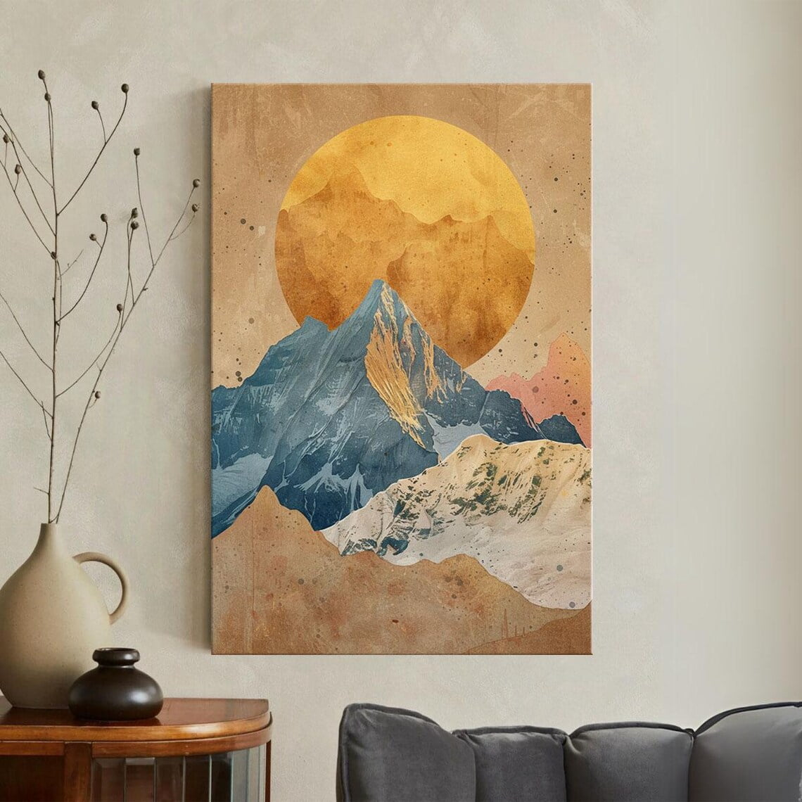 Abstract Mountain Poster Mid Century Modern Landscape Boho Gold Sun ...