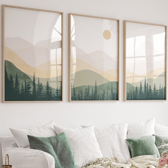 Abstract Mountain Prints Neutral Green Beige Boho Gallery Wall Art Set ...