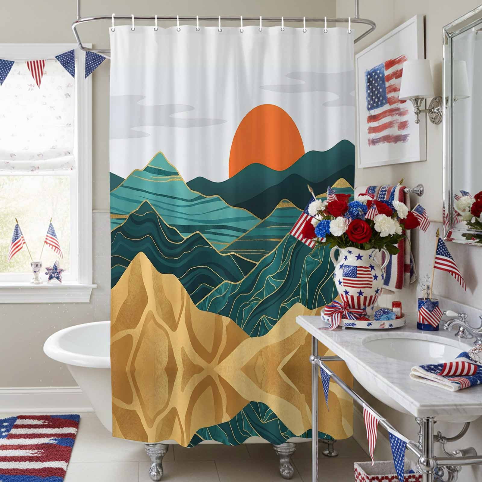 Abstract Mountain Range Sun Shower Curtain for Bathroom, Vintage Boho ...