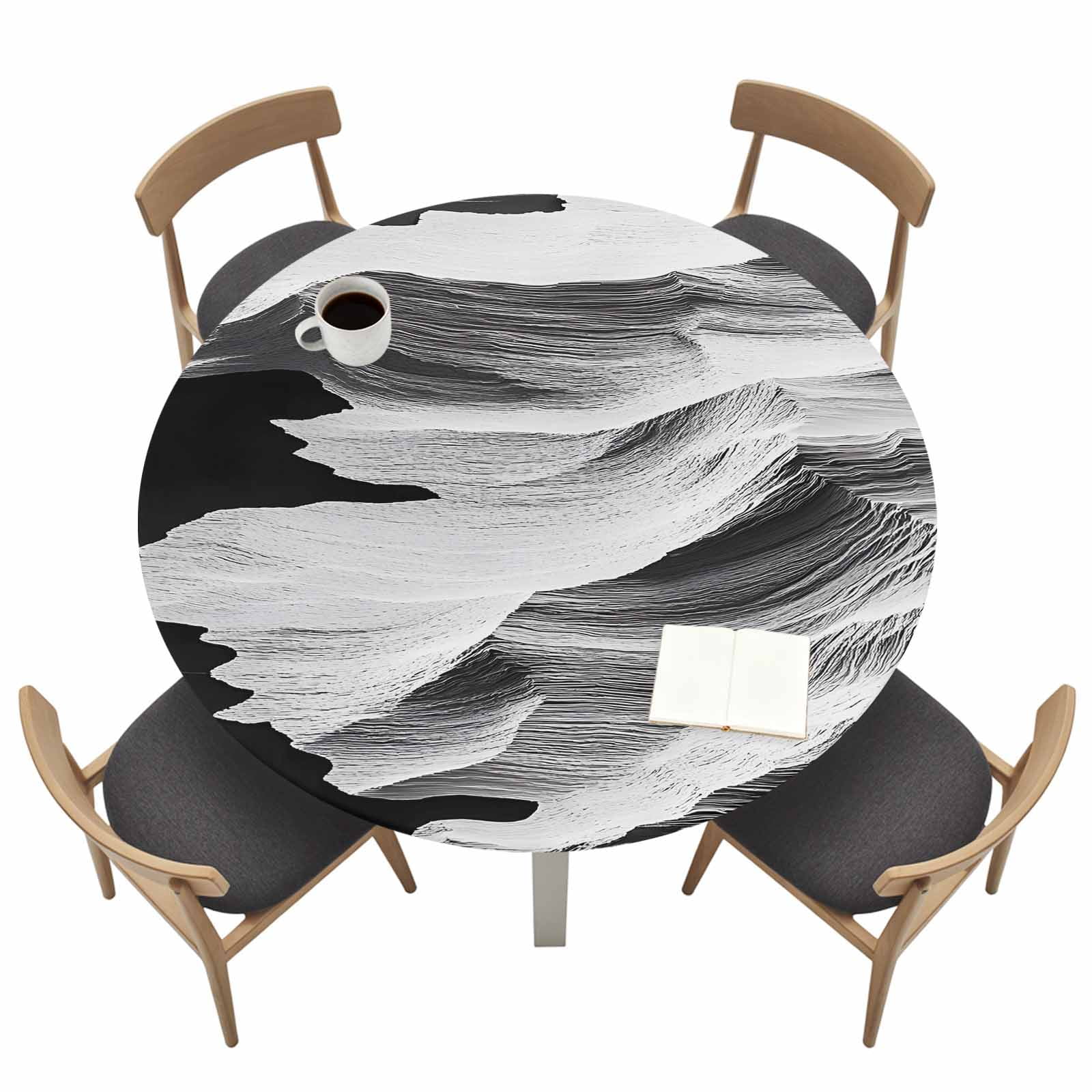 Abstract Mountain Round Fitted Tablecloth with Elastic Edge White Black ...