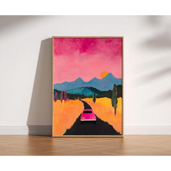 Abstract Mountain Scene Print Hot Pink Car Summer Vacation Art ...