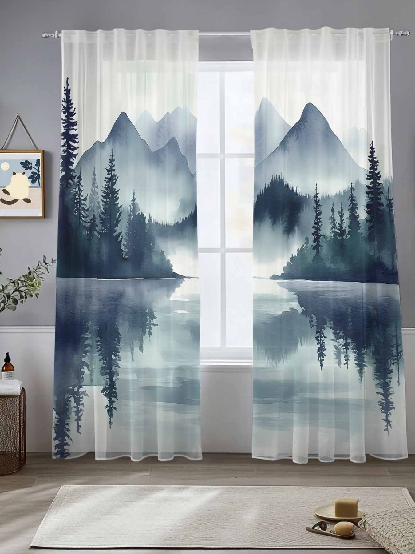 Abstract Mountain Sheer Curtains 84 Inches Long 2 Panels Fog Green Lake ...