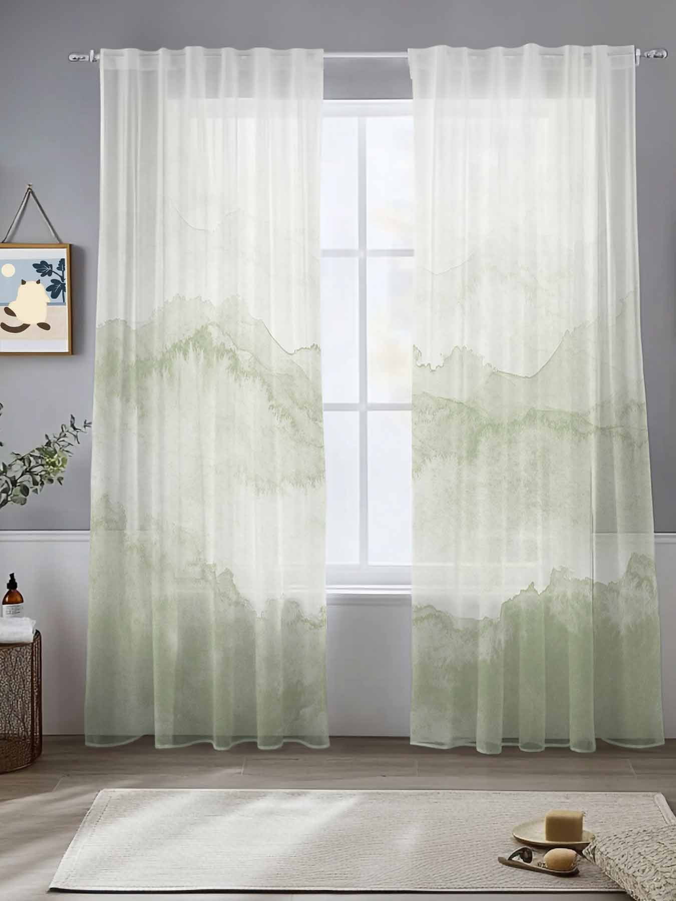 Abstract Mountain Sheer Curtains 96 Inches Long 2 Panels Green ...
