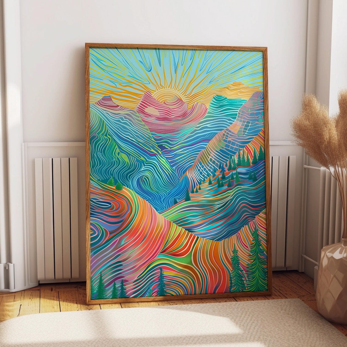 Abstract Mountain Sunrise Poster - Colorful Sun And Mountains Landscape Wall Art - Modern Nature ...
