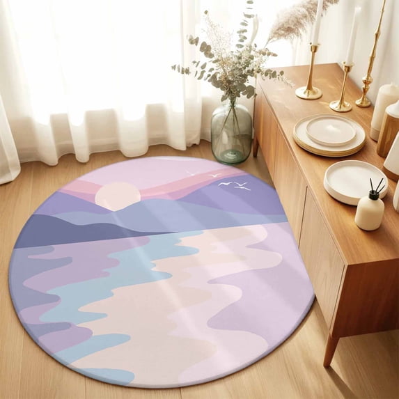 Abstract Mountain Sunset Artwork Round Rug 3ft Ocean Beach Wave Natural ...