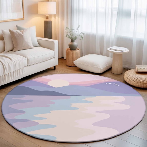 Abstract Mountain Sunset Artwork Round Rug 5ft Ocean Beach Wave Natural ...