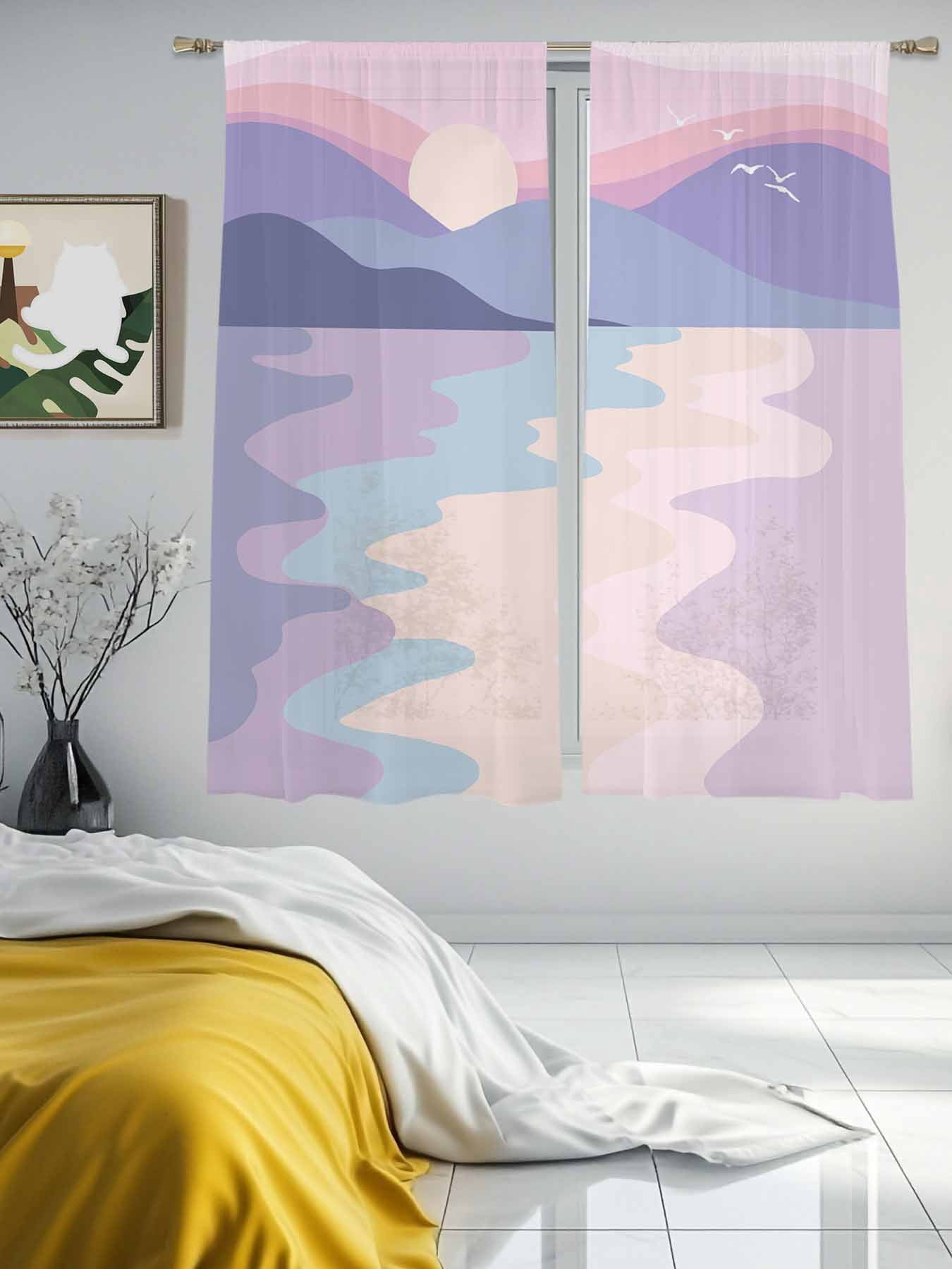 Abstract Mountain Sunset Artwork Sheer Curtains 2 Panels Set Ocean ...
