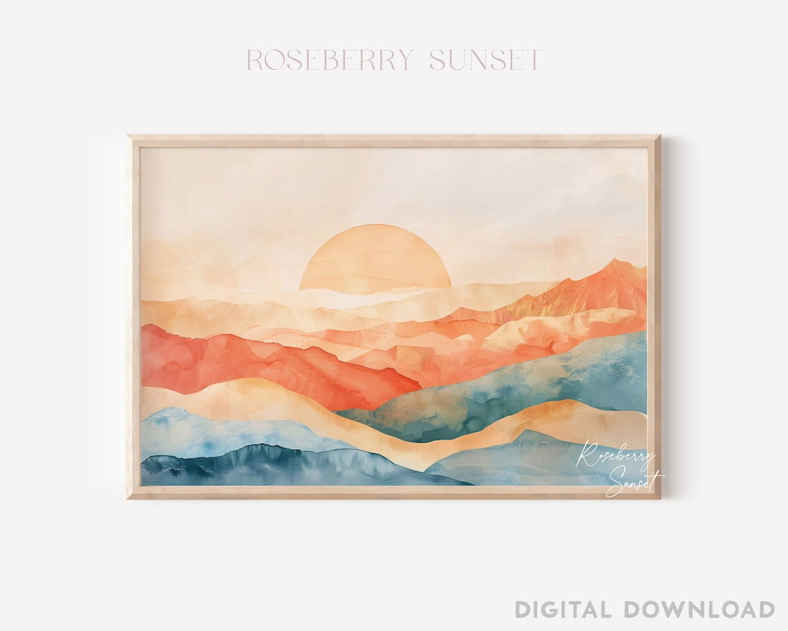 Abstract Mountain Sunset Painting Art Print, Modern Retro Sunset ...
