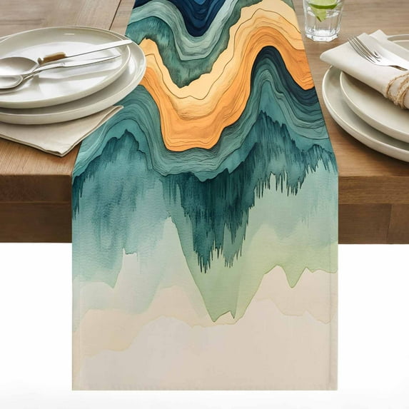 Abstract Mountain Table Runner 13x60 inch Watercolor Orange Blue ...