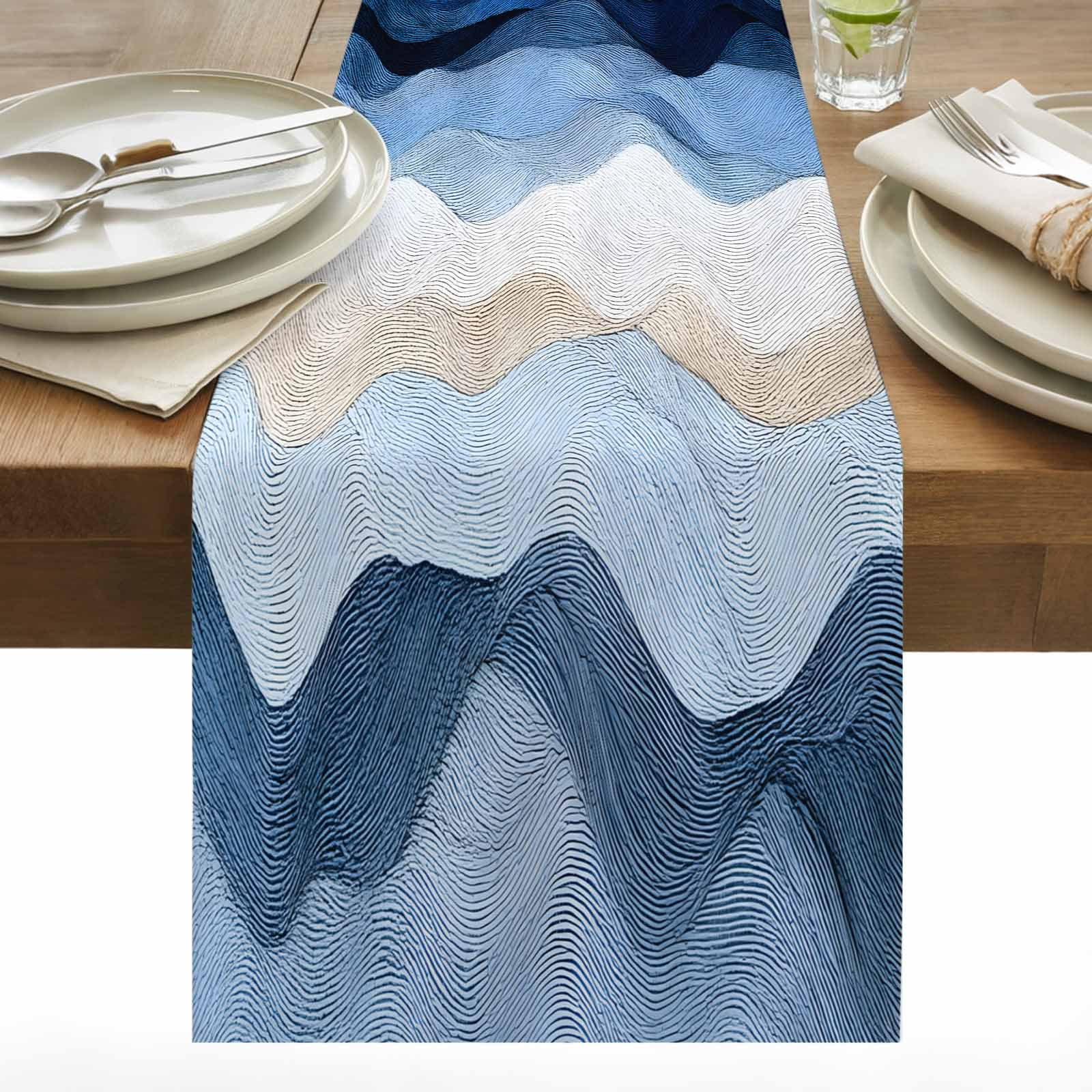 Abstract Mountain Table Runner 13x72 inch Watercolor Beige Navy Texture ...