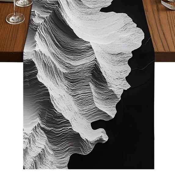 Abstract Mountain Table Runner 48 Inches Long, White Black Modern ...