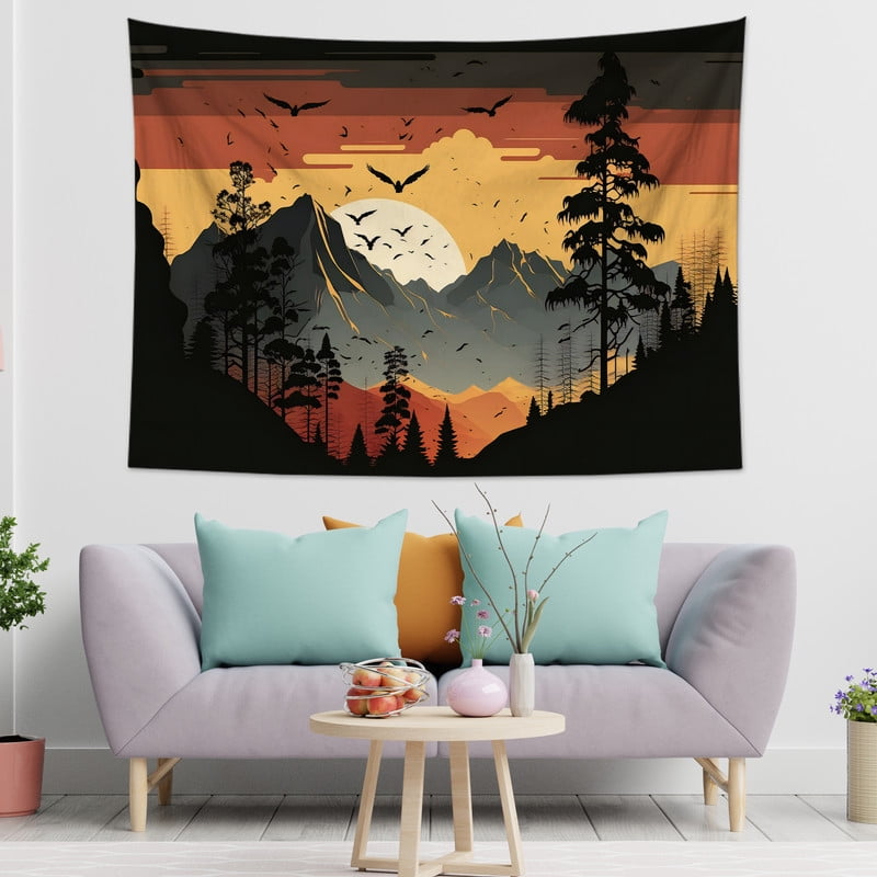Abstract Mountain Tapestry, Sunset Wall Hanging, Forest Trees Tapestry ...