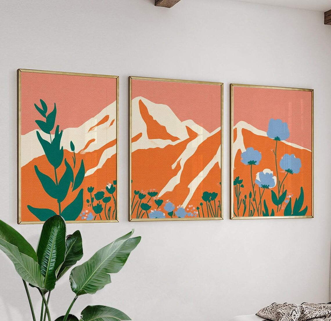 Abstract Mountain Wildflower Orange Pink Botanical Landscape Triptych ...