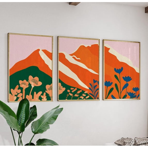 Abstract Mountain Wildflower Orange Pink Landscape Triptych Modern ...