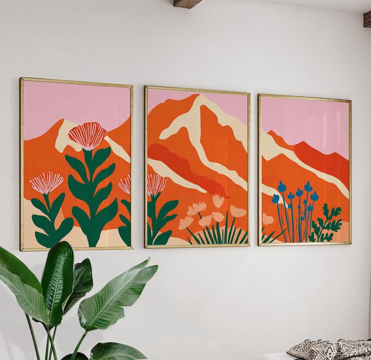 Abstract Mountain Wildflower Poster Set Orange Pink Landscape Triptych ...