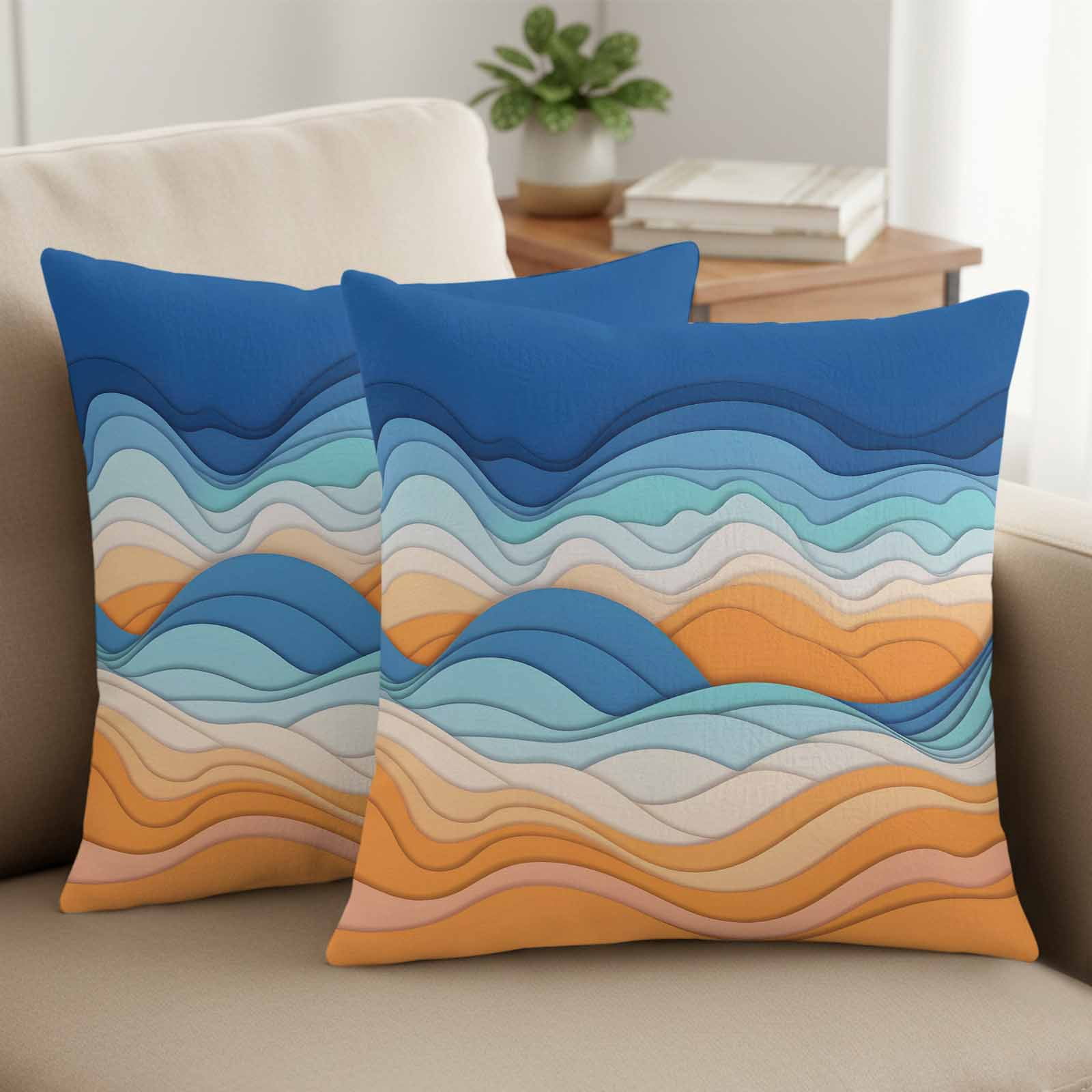 Abstract Mountains Pillow Covers Set of 2, Orange Blue Gradient Color ...