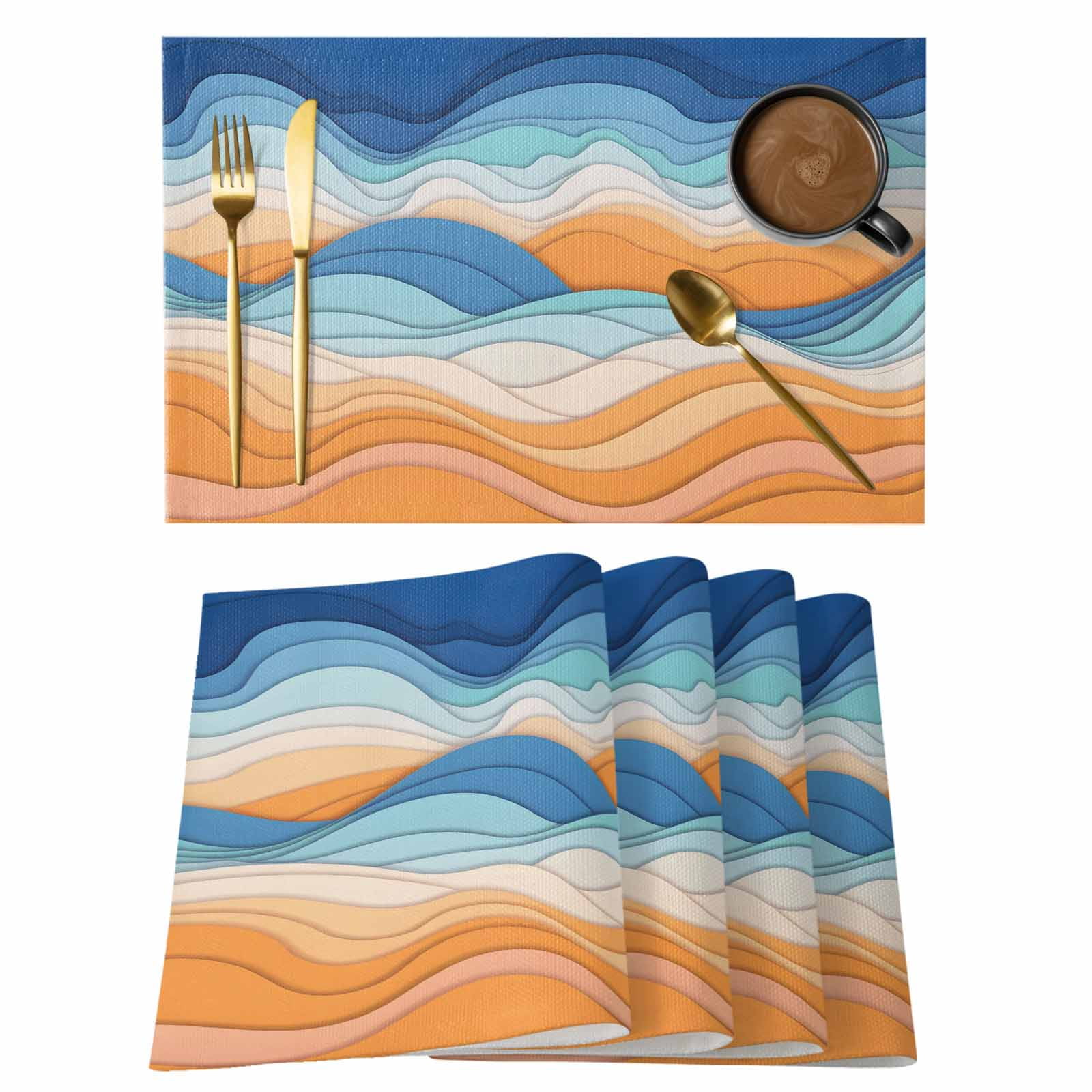 Abstract Mountains Placemats Set of 4 Orange Blue Gradient Color Blocks ...