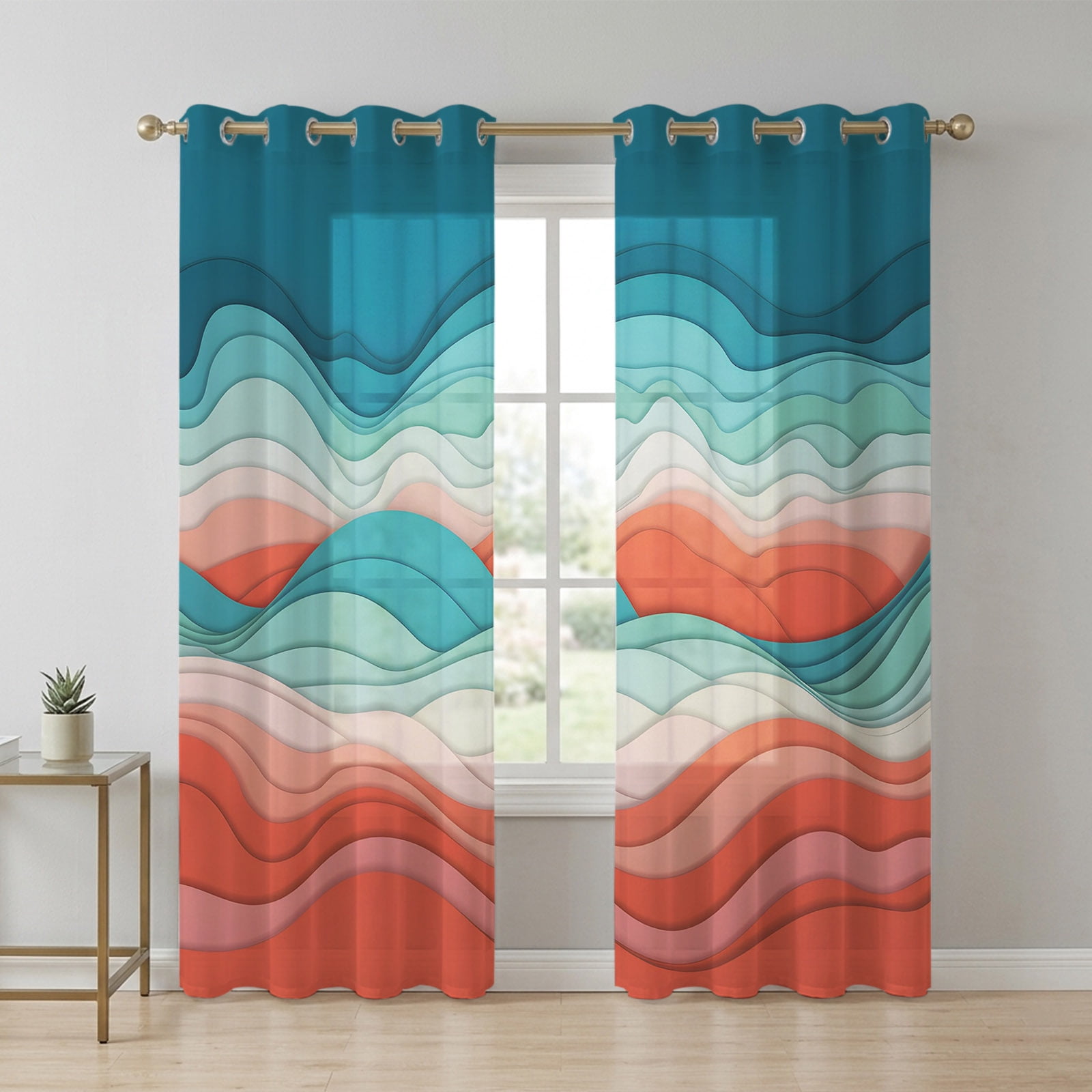 Abstract Mountains Sheer Curtains 90 Inch Long 2 Panels, Red Green ...