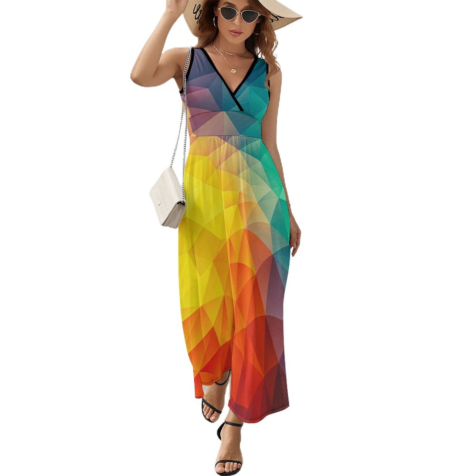 Abstract Multi Color Cubizm Painting Sleeveless Dress dresses korean style Woman fashion beach ...