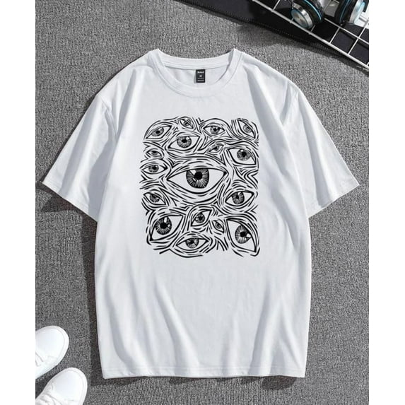 Abstract Multi-Eye Pattern Graphic Tee with Surreal Line Art ...