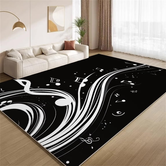 Abstract Music Notes Area Rugs, Black White Carpet, Washable Non Slip ...