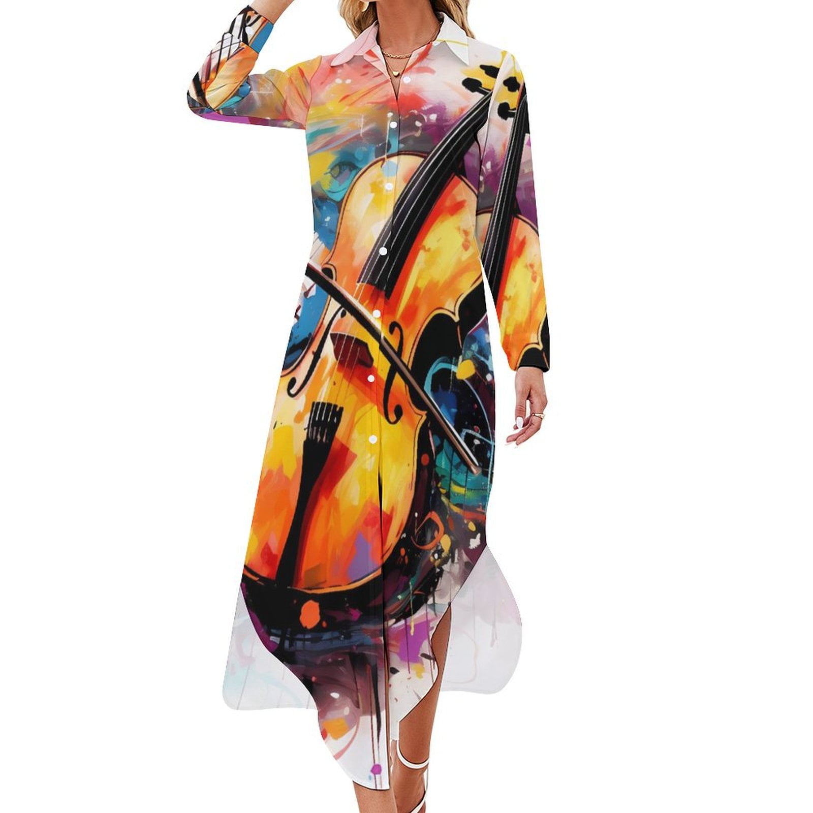 Abstract Music Notes Women's Maxi T Shirt Dress Long Sleeve Lapel ...