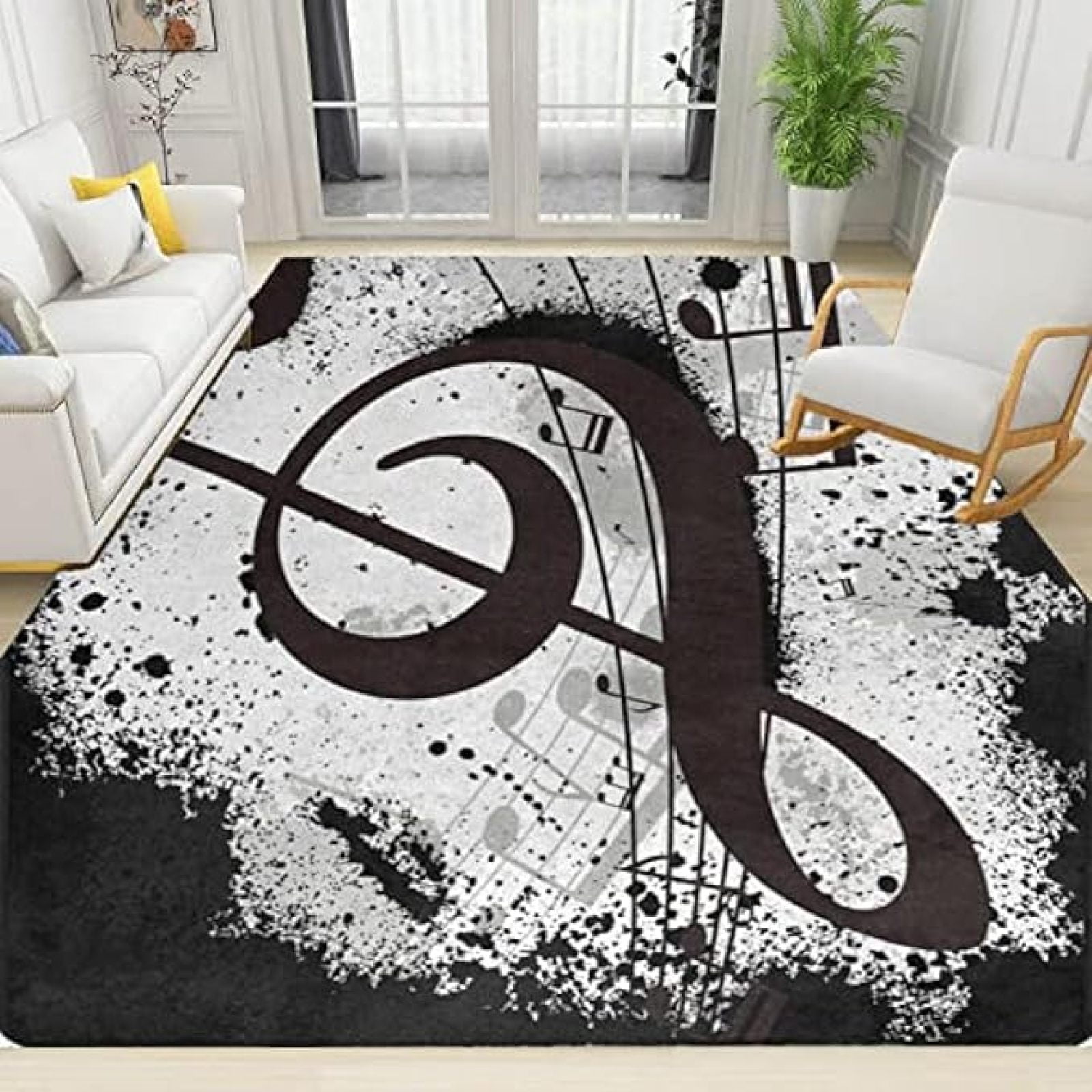 Abstract Musical Notes Living Room Area Rugs, Modern Home Decor Black ...