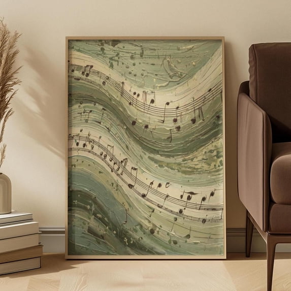 Abstract Musical Wave Art Print Soft Sage Green Calm Rhythm Flow ...