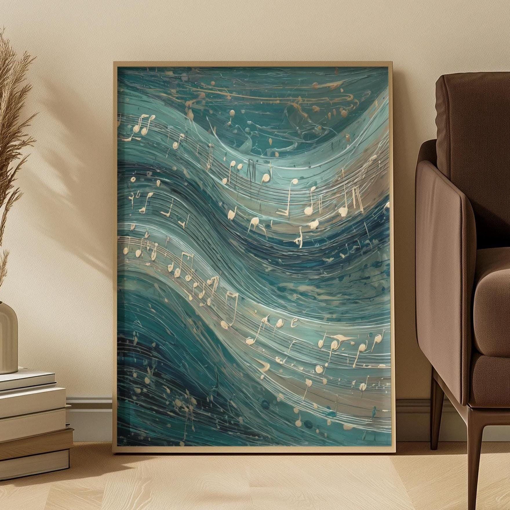 Abstract Musical Wave Art Print Teal Flowing Notes Ocean Rhythm Scene ...