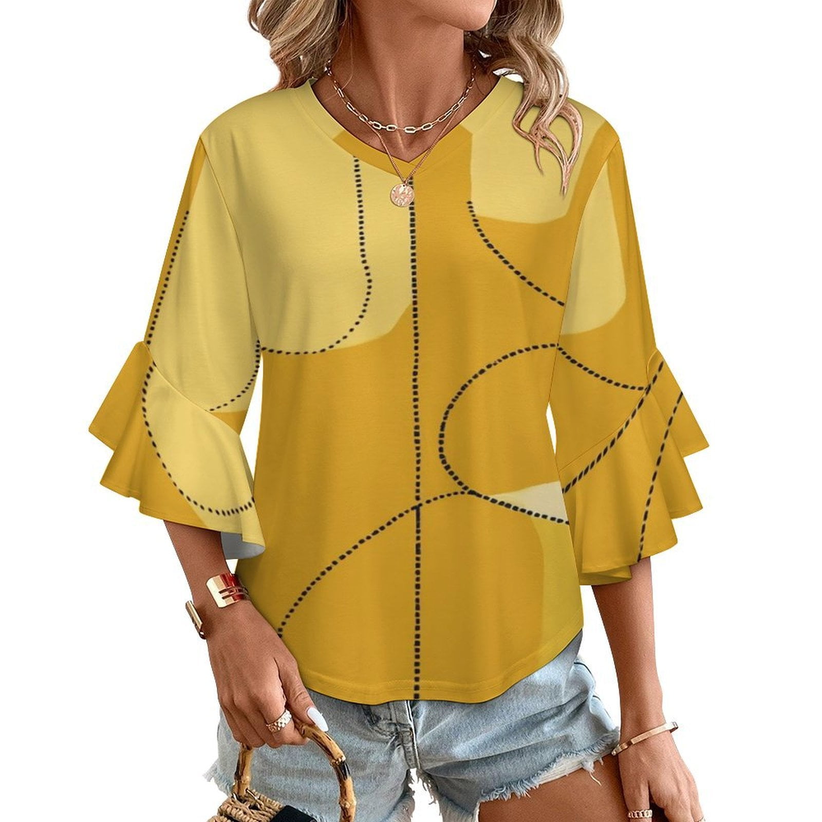 Abstract Mustard Yellow Artwork Women's V-Neck Blouse With 3/4 Ruffled ...