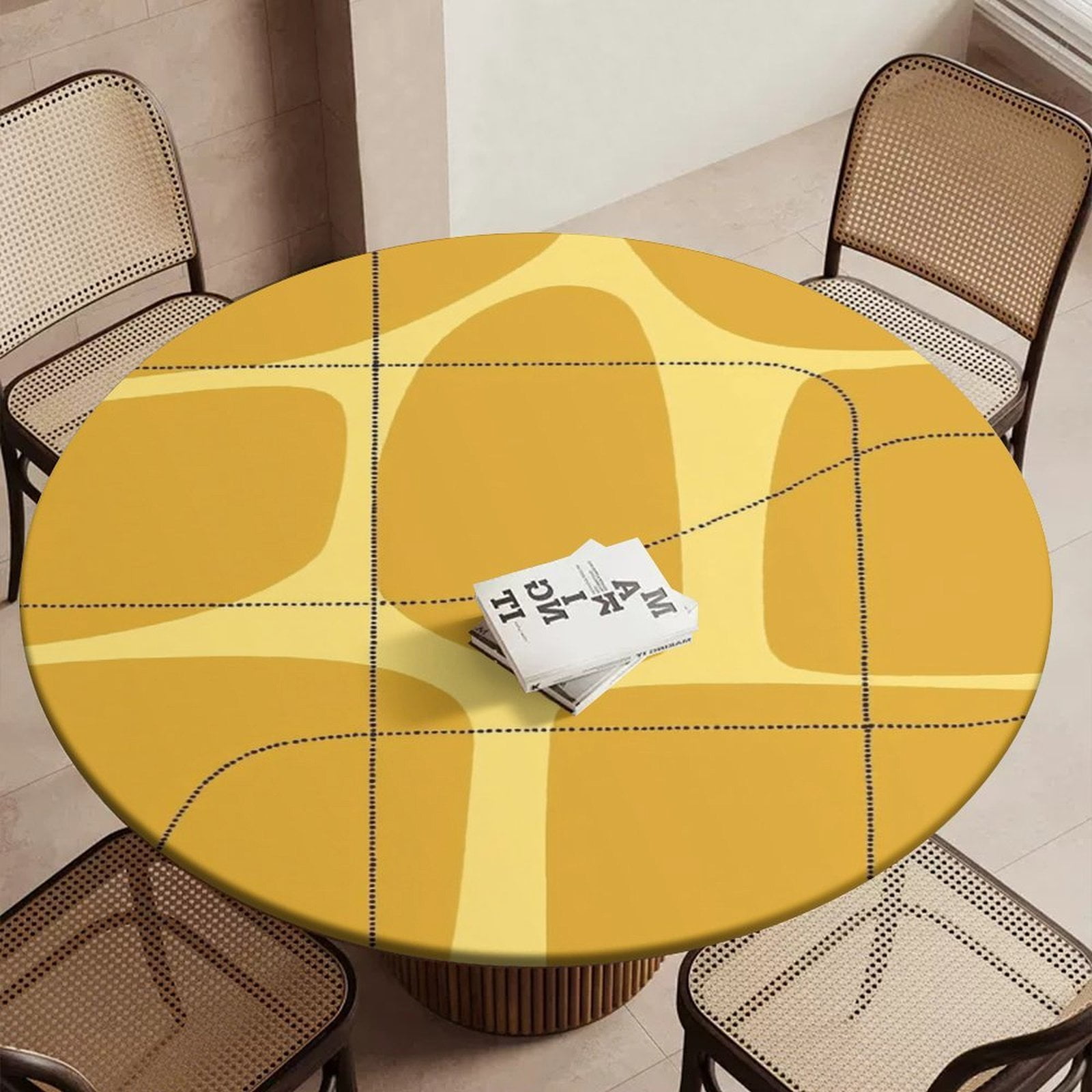 Abstract Mustard Yellow Design Lines Round Table Cover Kitchen Printed ...