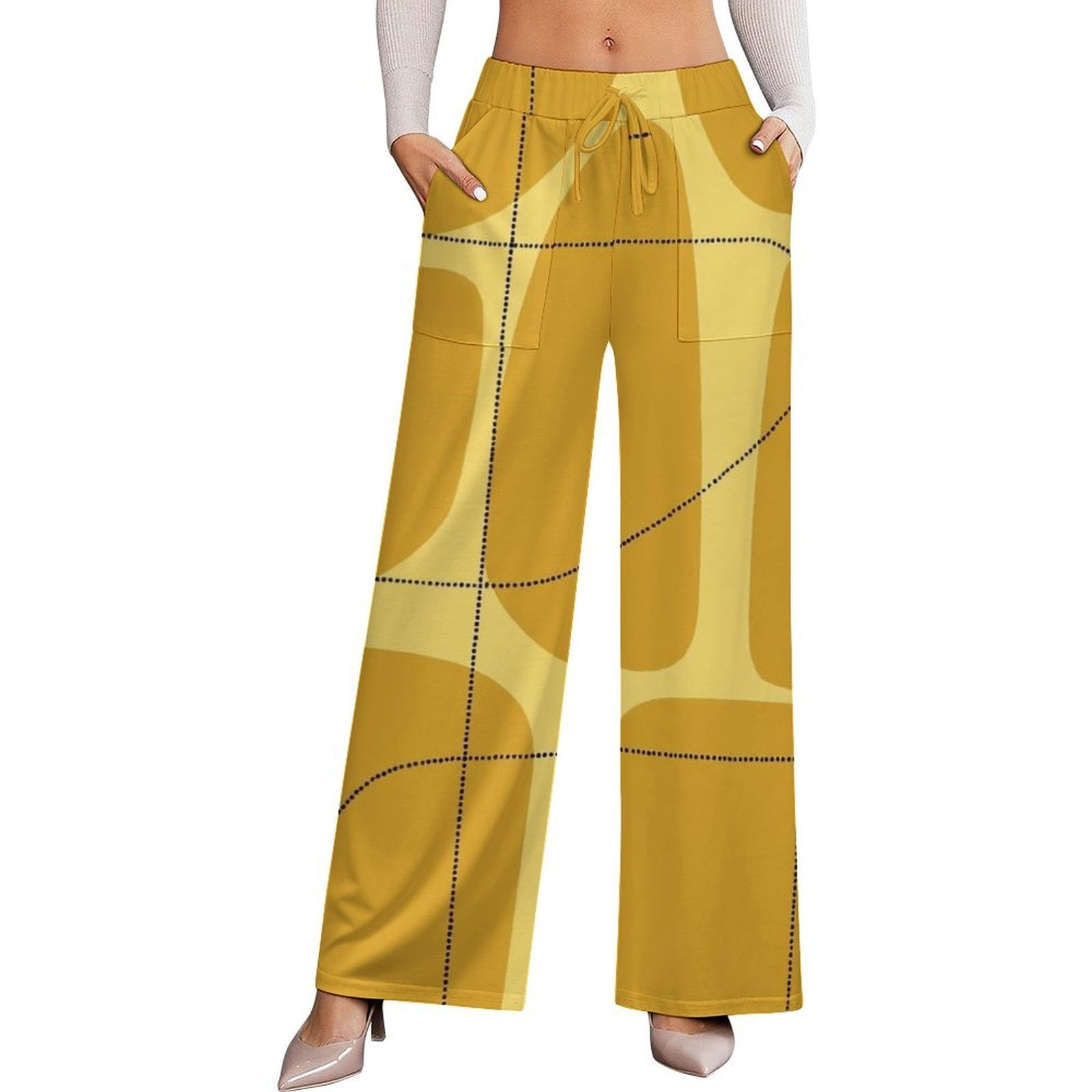 Abstract Mustard Yellow Design Lines Women's Casual Wide Leg Pants ...