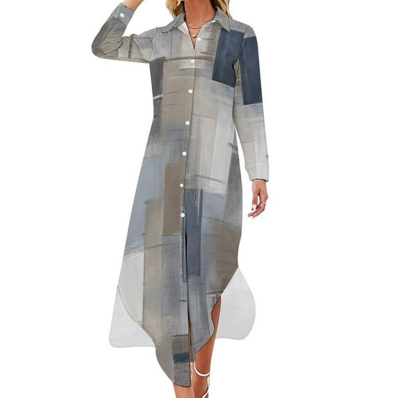 Abstract Muted Color Blocks Shirt Dress Long Sleeve Street Fashion V ...