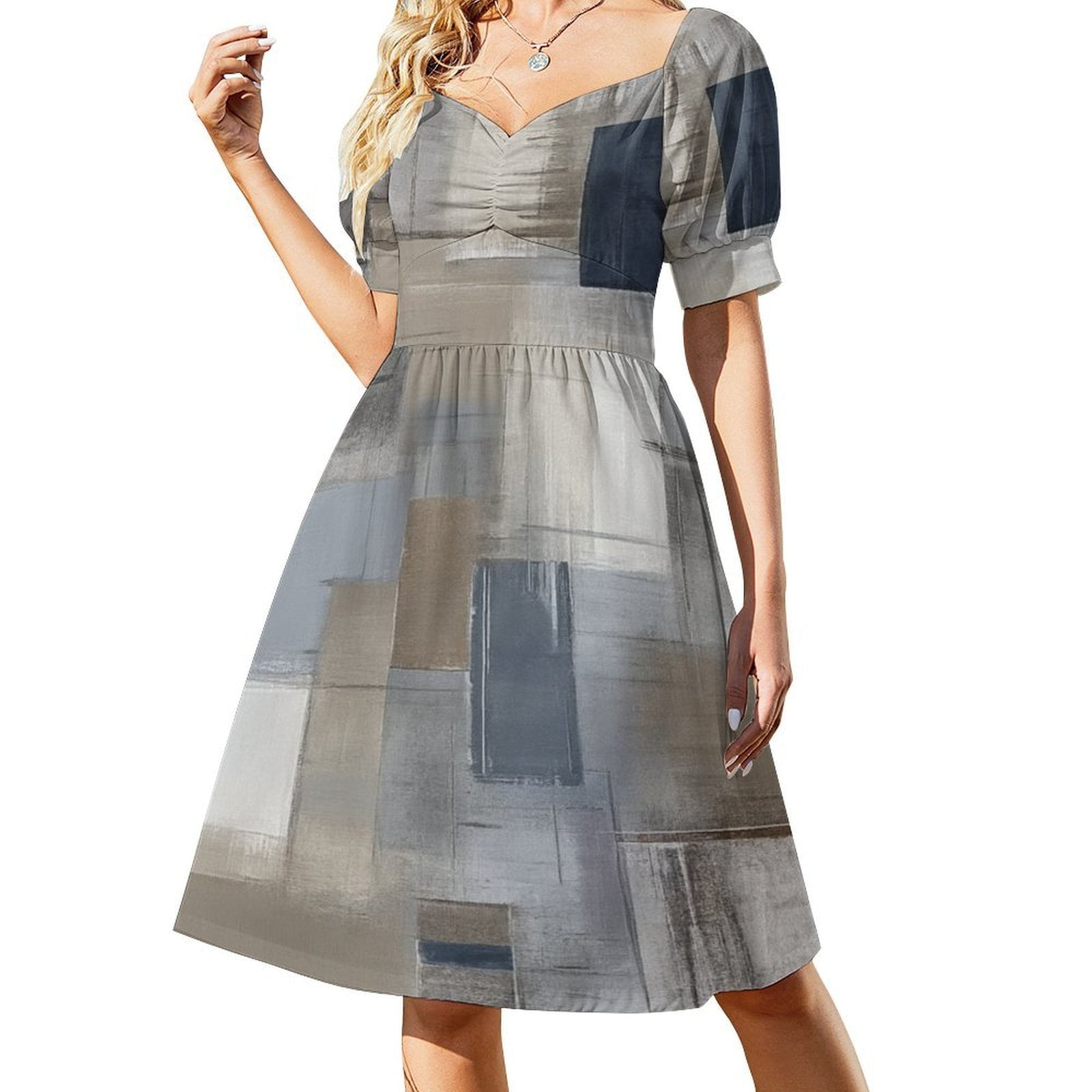 Abstract Muted Color Blocks Short Sleeve Dress Clothes Women's Summer ...