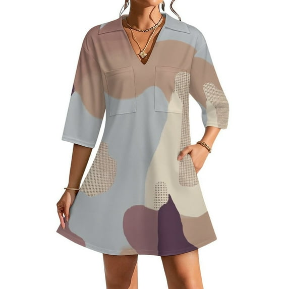 Abstract Muted Color Shapes Womens Dress With Pockets Summer V Neck 3/4 ...