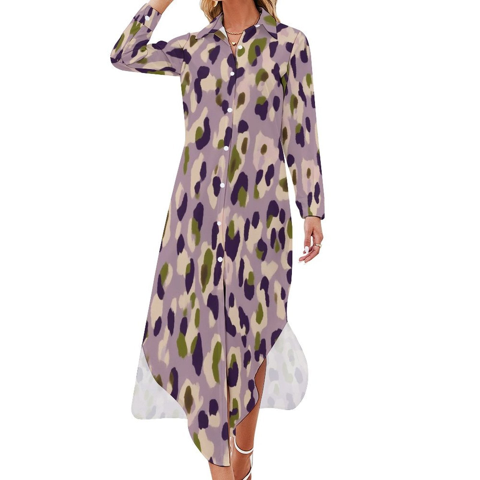 Abstract Muted Leopard Print Pattern Shirt Dress Long Sleeve Street ...
