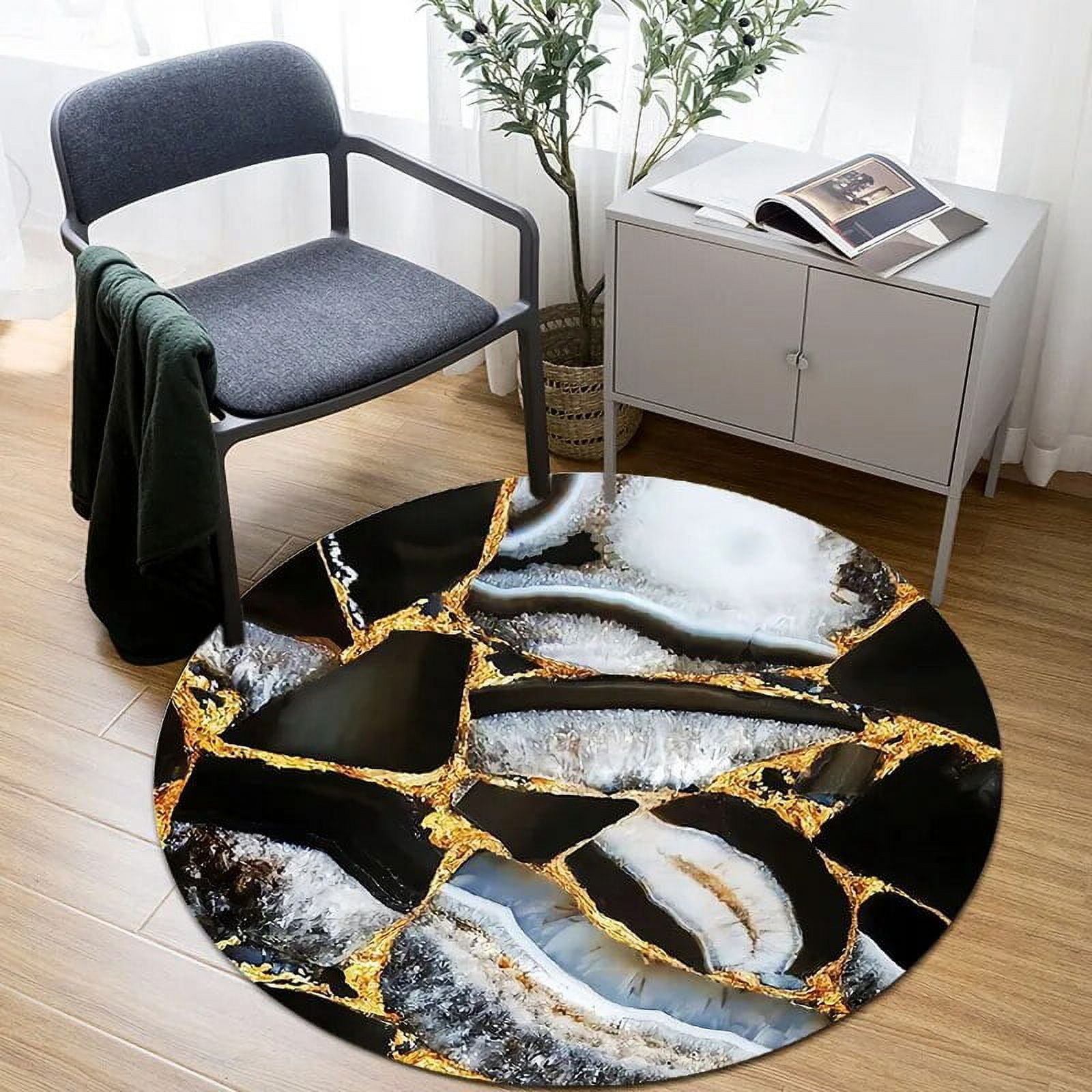 Abstract Natural Black Marble with Gold Texture Round Carpet Living ...