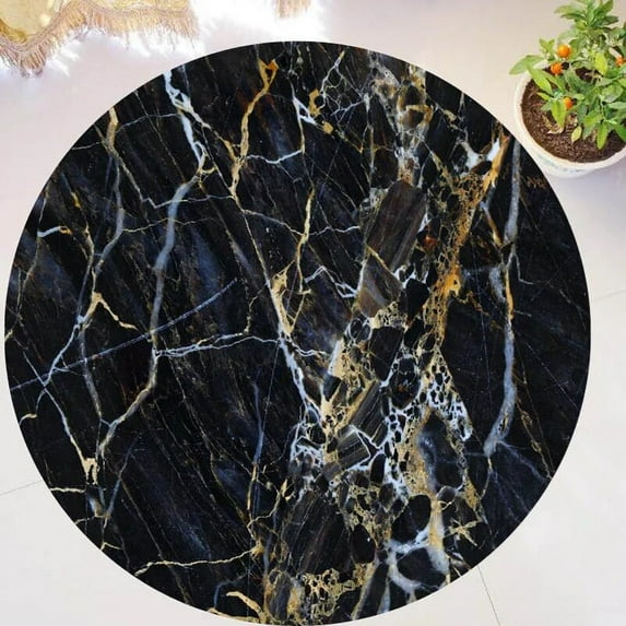 Abstract Natural Black Marble with Gold Texture Round Carpet Living ...
