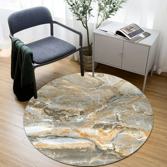 Abstract Natural Black Marble with Gold Texture Round Carpet Living ...