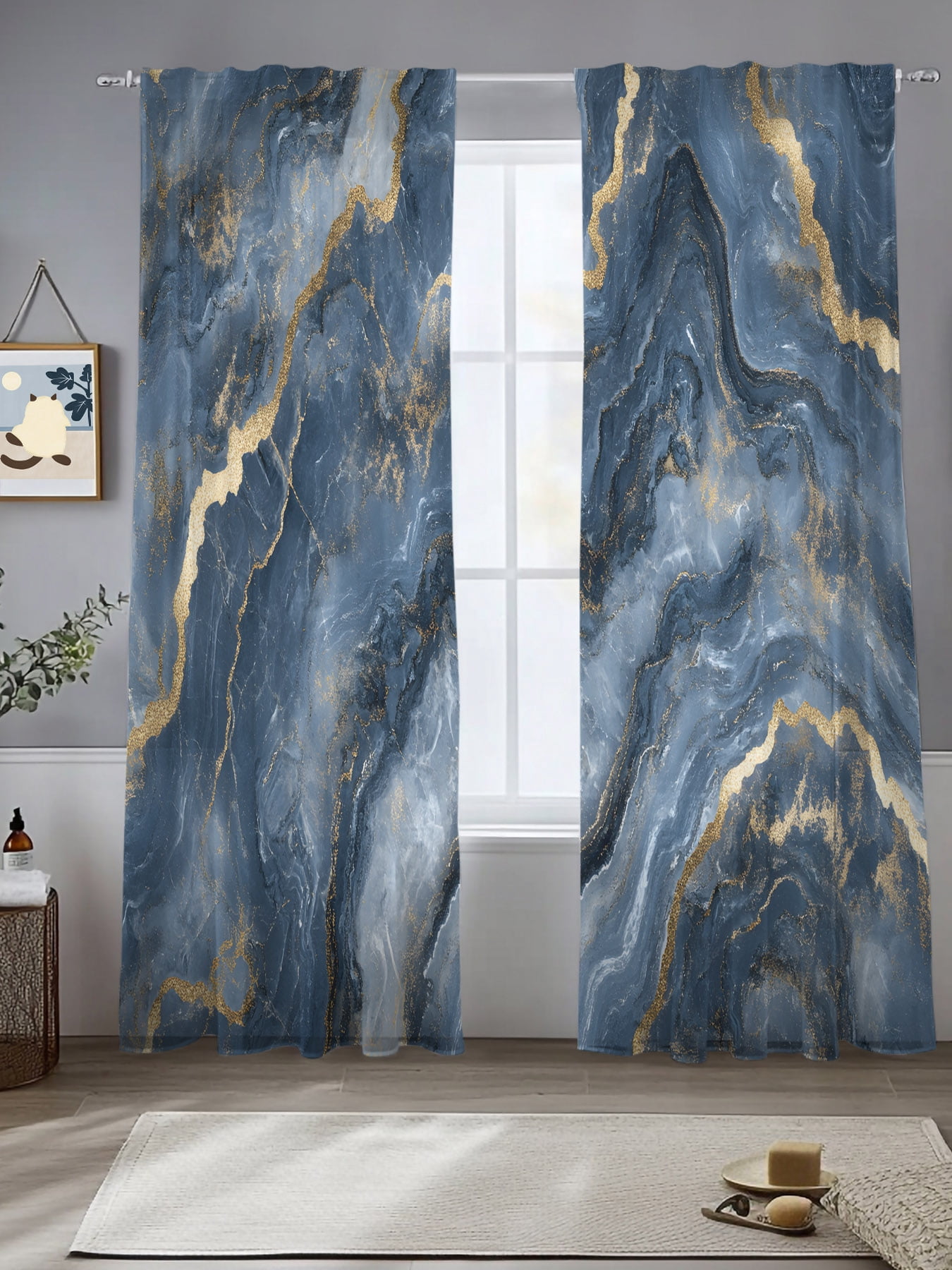 Abstract Natural Marble Art Chiffon Sheer Curtains 84 Inches Long Blue ...