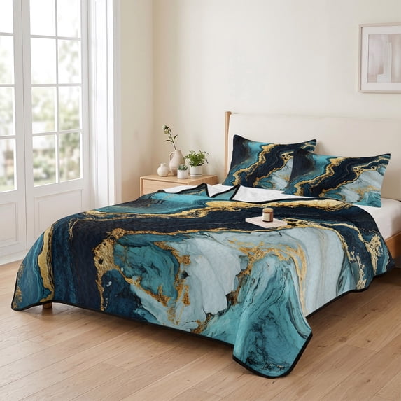 Abstract Natural Marble Teal Black 3 Pieces Quilt Set,1 Quilt with 2 ...