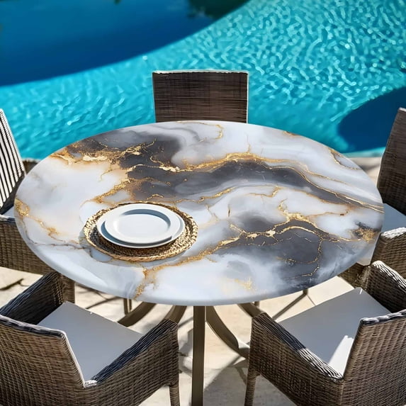 Abstract Natural Marble Texture Round Fitted Tablecloth with Elastic ...