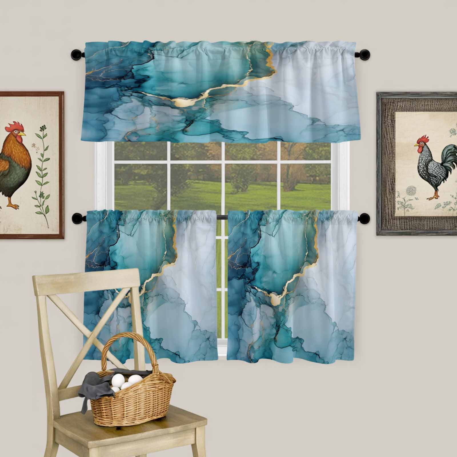 Abstract Natural Teal Marble Rock Curtain Tier and Valance Set 3 Piece ...