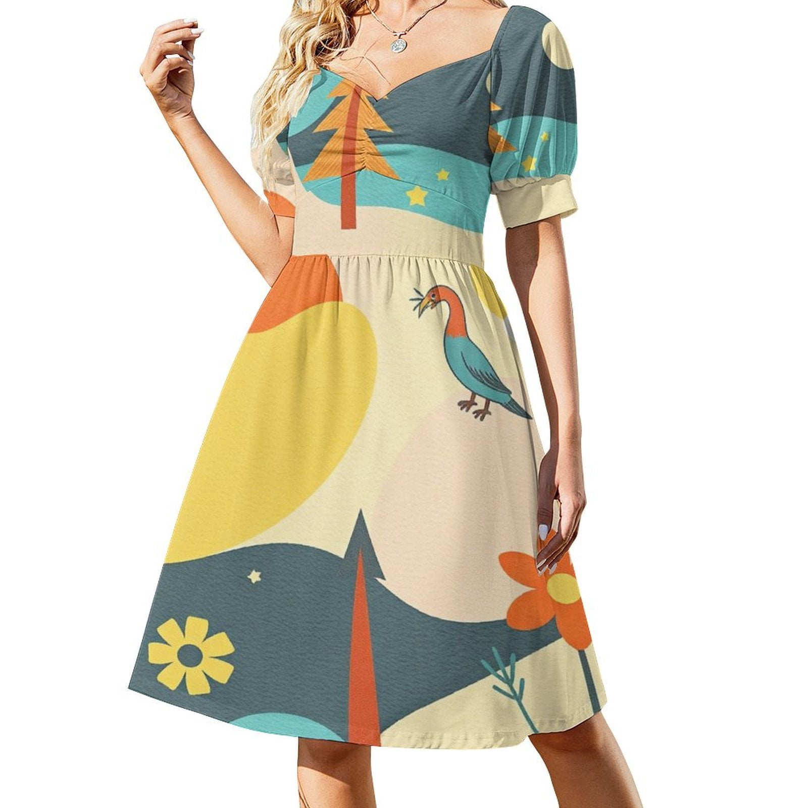 Abstract Nature Bird Short Sleeved Dress Fairy Dress Evening Gown Women ...