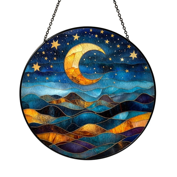 Abstract Nature Landscape Moon Stars Stained Glass Style Window Hanging ...