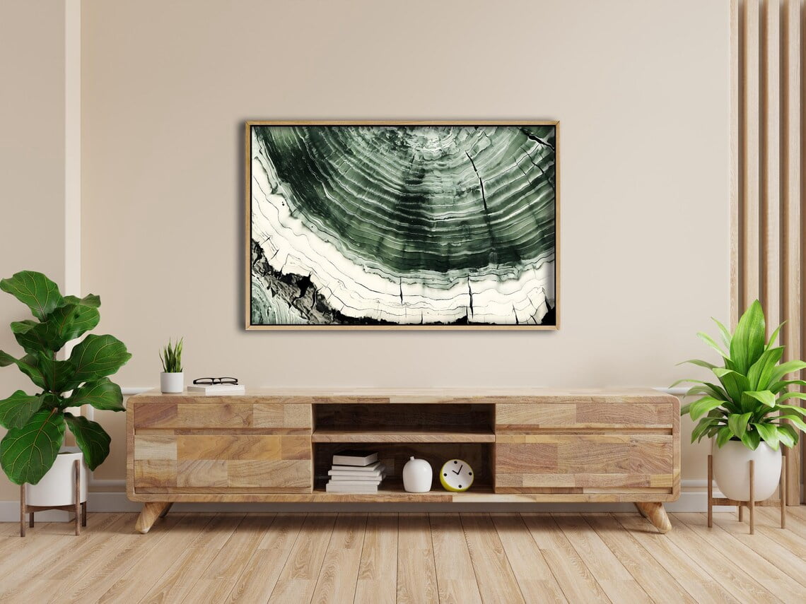 Abstract Nature Watercolor Tree Ring Green Wood Slice Modern Farmhouse ...