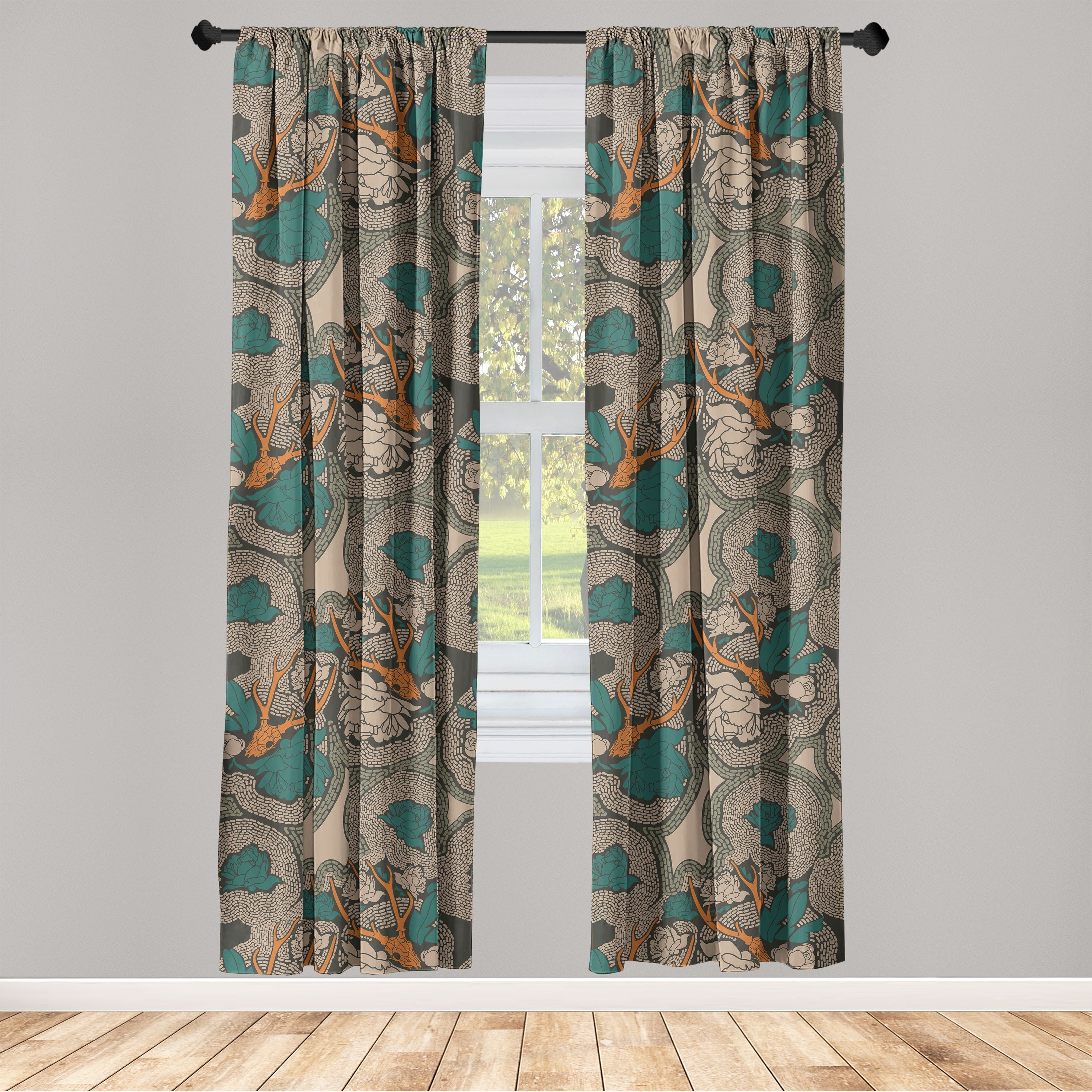 Abstract Nature Window Curtains, Wild West Vibes Deer Skull Pattern ...